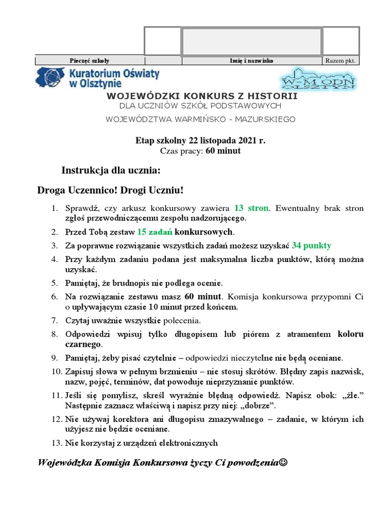 1 Historia - Arkusz Na Etap Szkolny 21 | PDF