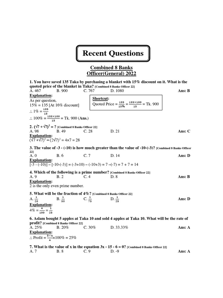 Recent Bank MCQ Math PDF | PDF | Speed | Area