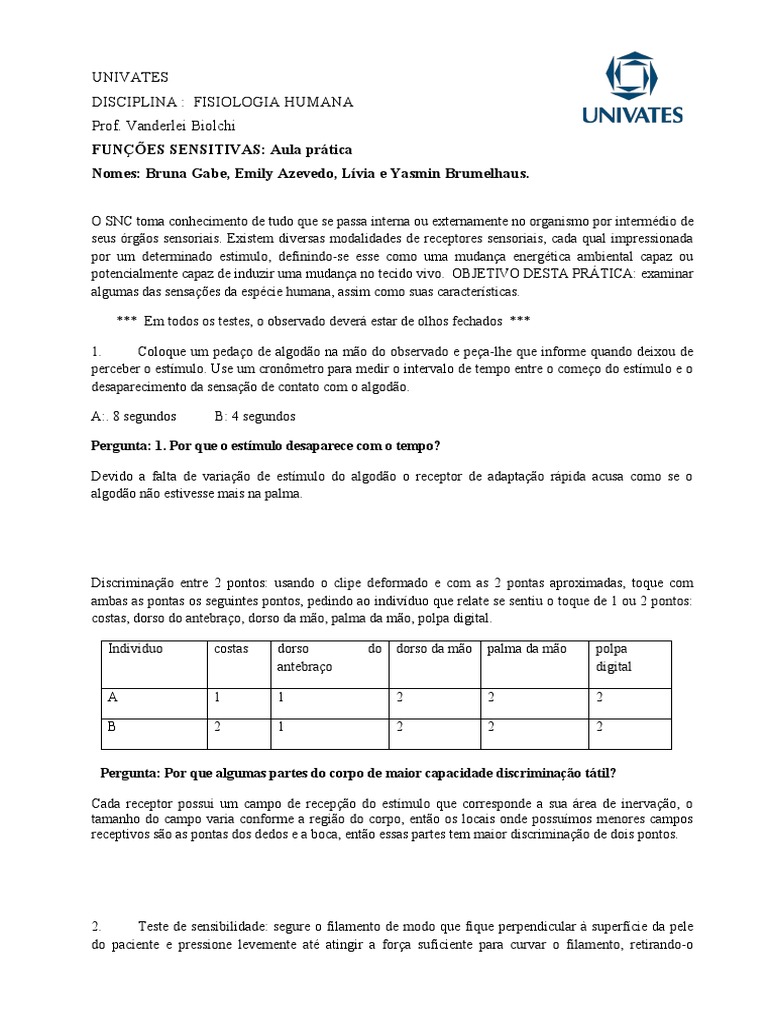 Aula - Aula Prática - Somestesia | PDF | Estímulo (Fisiologia ...