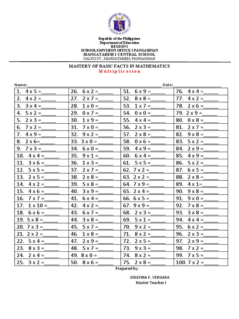 Mastery in Multiplication Division | PDF | Philippines