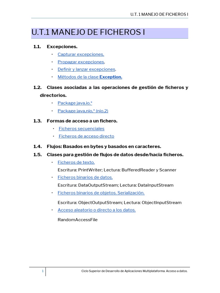 U. T. 1 Manejo de Ficheros I. Ficheros de Texto y Binarios | PDF ...