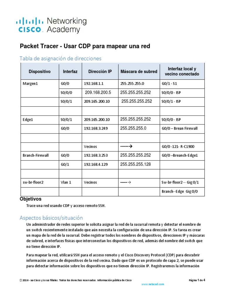 Packet Tracer - Usar CDP para Mapear Una Red: Tabla de Asignación de Direcciones | Descargar ...