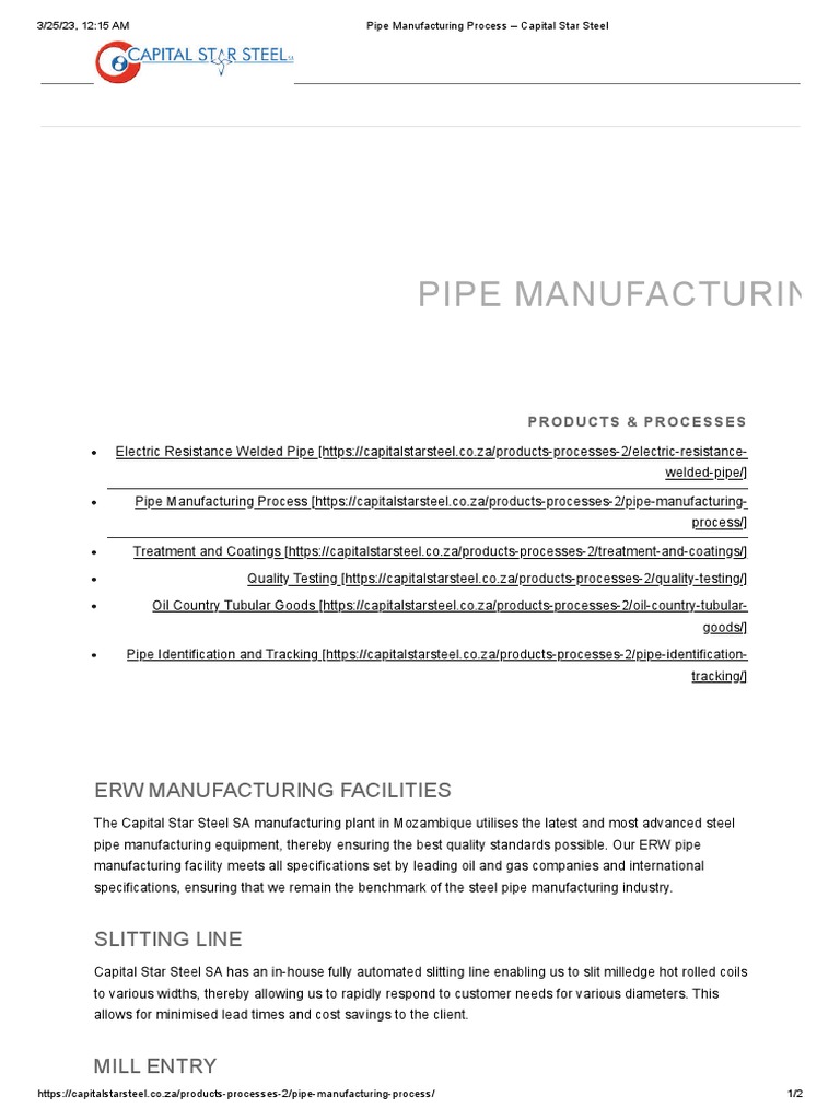 Pipe Manufacturing Process - Capital Star Steel | PDF | Pipe (Fluid ...