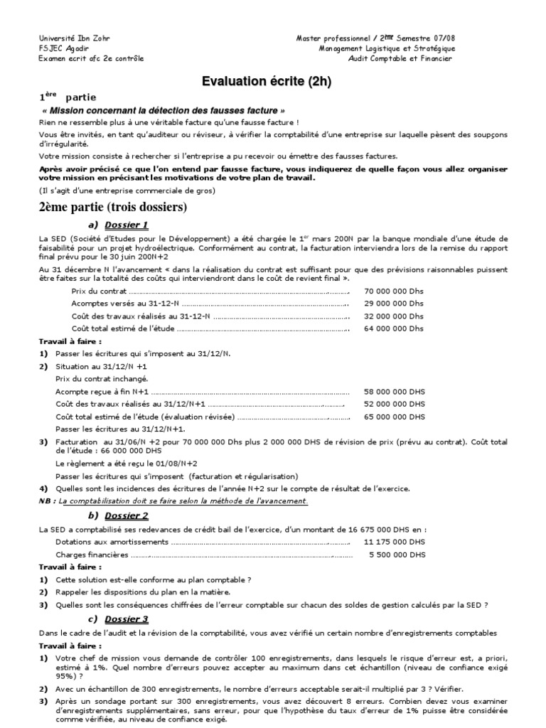 Cas D'application-Examen Ecrit Audit Financier Contrôle Interne | PDF ...
