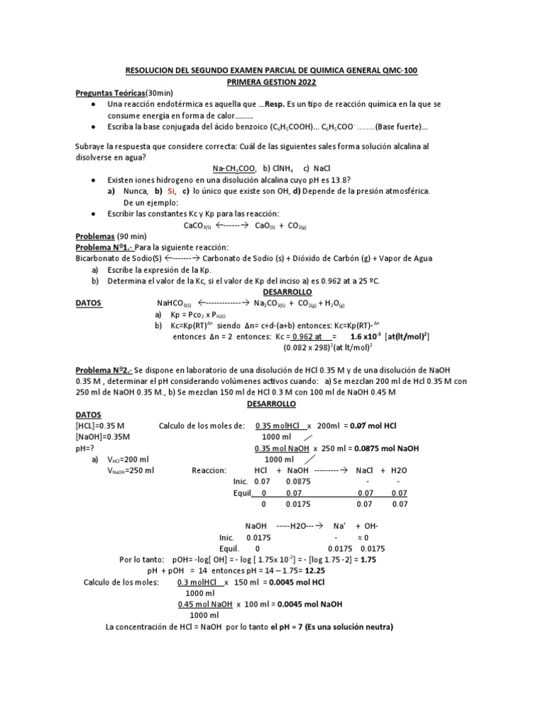 Resolucion Del Segundo Examen Parcial de Quimica General QMC | PDF | Hidróxido de sodio ...