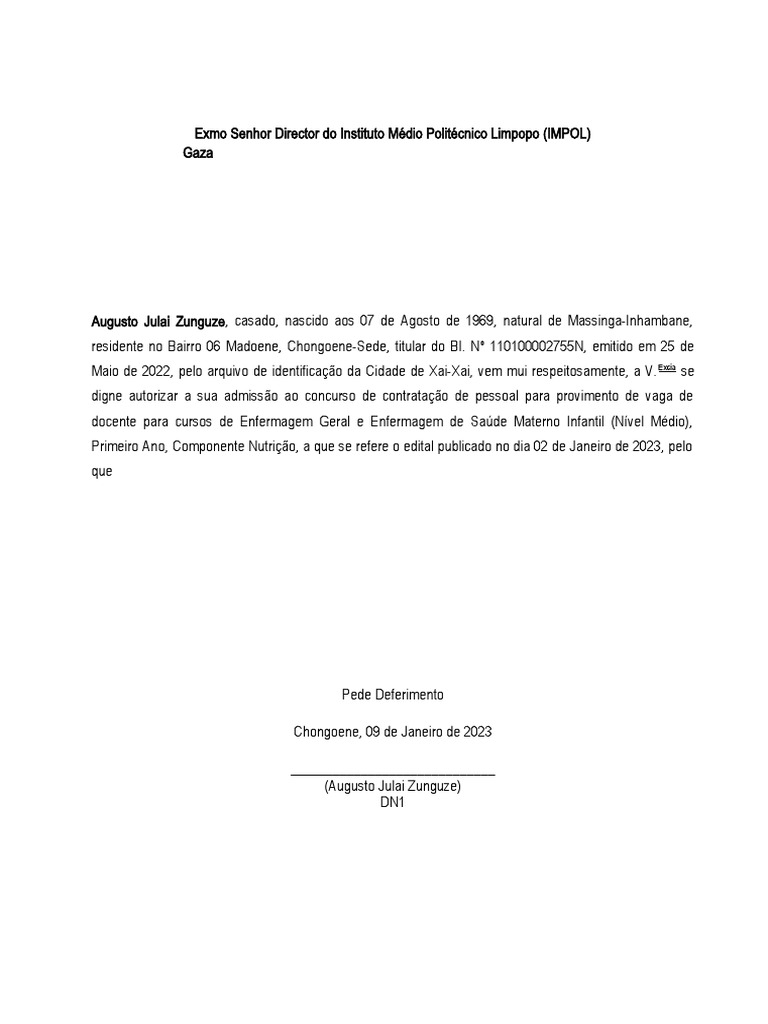 Exmo Senhor Director Do Instituto Medio Politecnico Limpopo | PDF