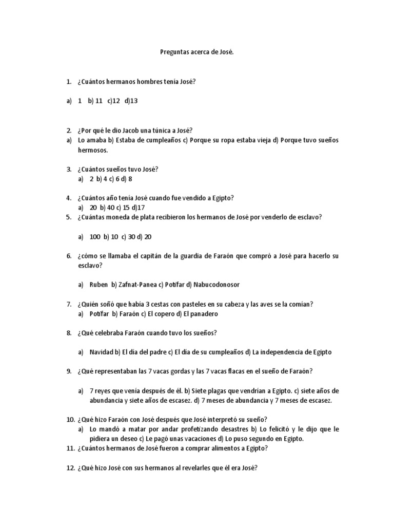Preguntas sobre la historia bíblica de José y sus hermanos | PDF