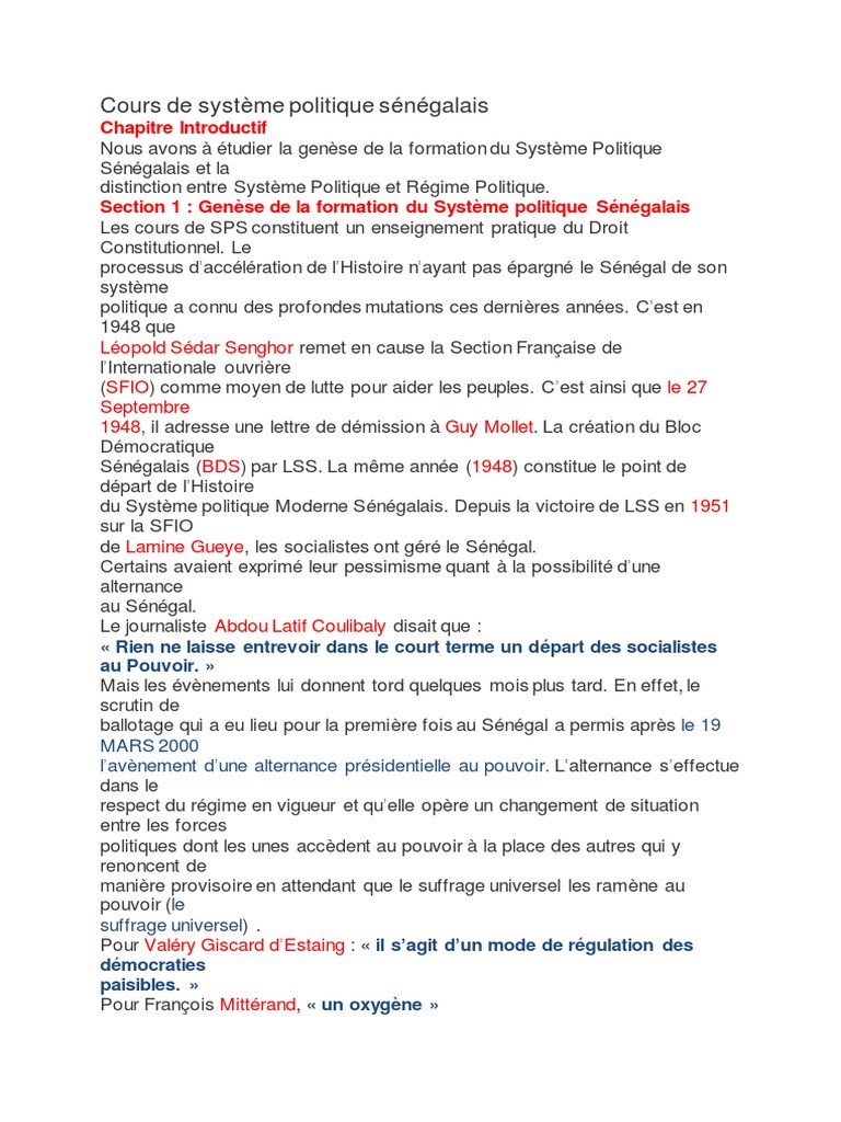 Système Politique Sénégalais: Genèse et Distinction | PDF ...