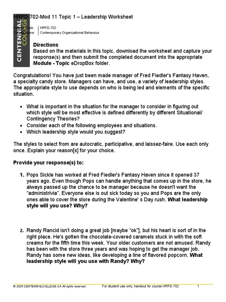 HRPD-702-Mod 11 Topic 1 - Leadership Worksheet | PDF | Leadership
