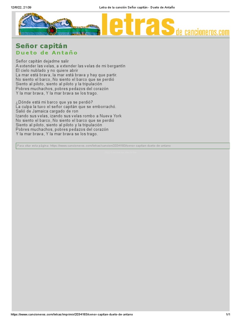 Letra de La Canción Señor Capitán - Dueto de Antaño | PDF