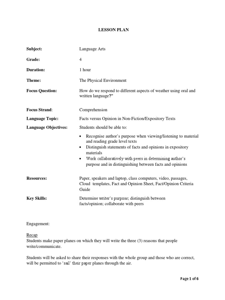 4th Grade Language Arts Lesson Plan | PDF | Reading Comprehension ...