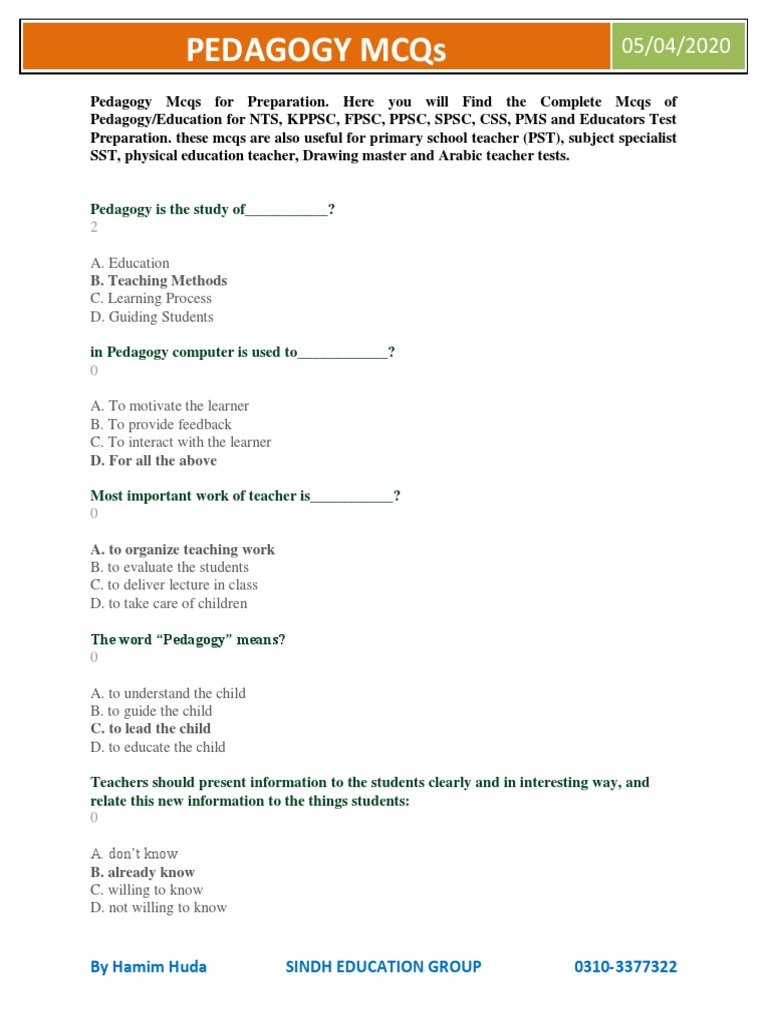 Pedagogy Mcqs PDF | PDF | Pedagogy | Teachers