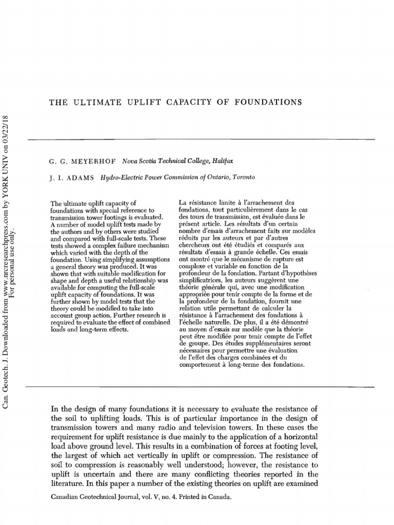 Meyerhof1968 - Ultimate Uplift Capacity of Foundations | PDF | Geotechnical Engineering | Friction