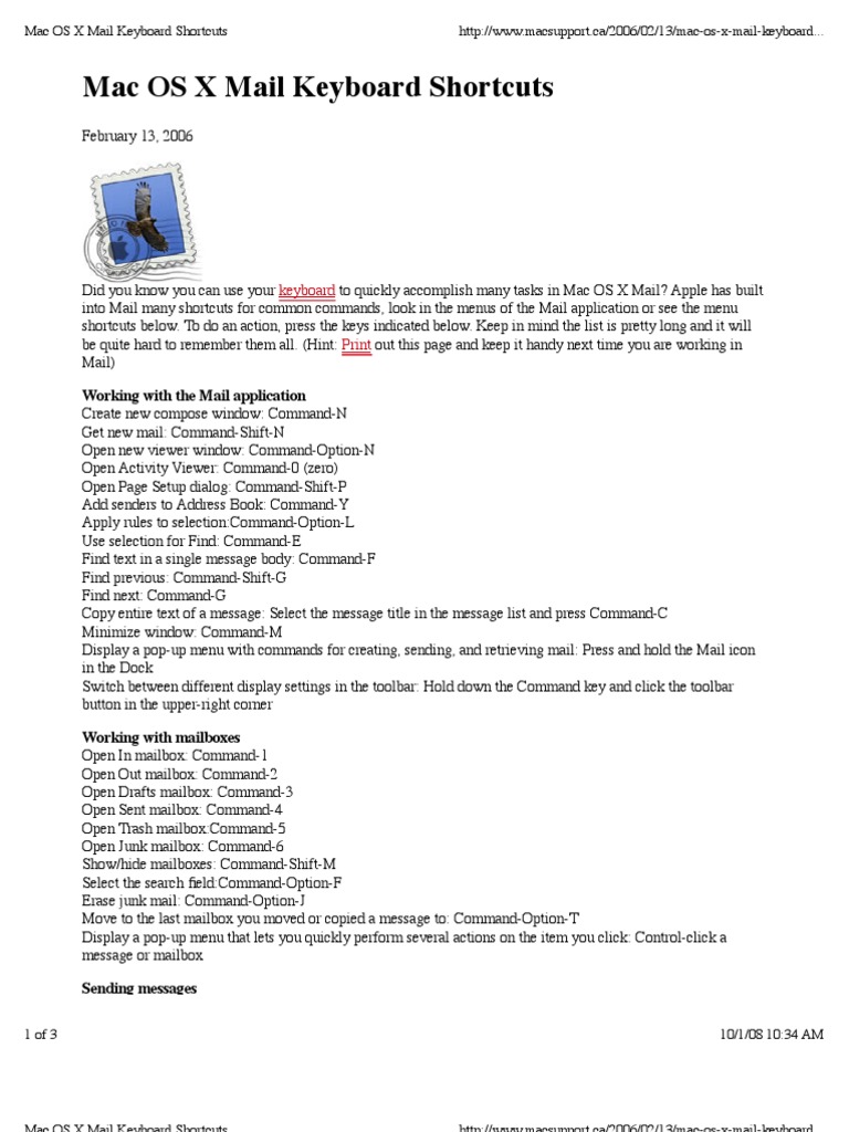 Mac OS X Mail Keyboard Shortcuts | PDF | System Software | Computing