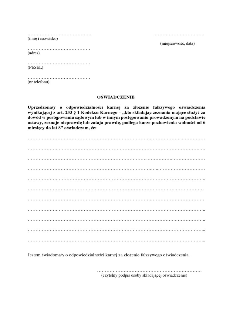 Oswiadczenie Pod Rygorem Odpowiedzialnosci Karnej | PDF