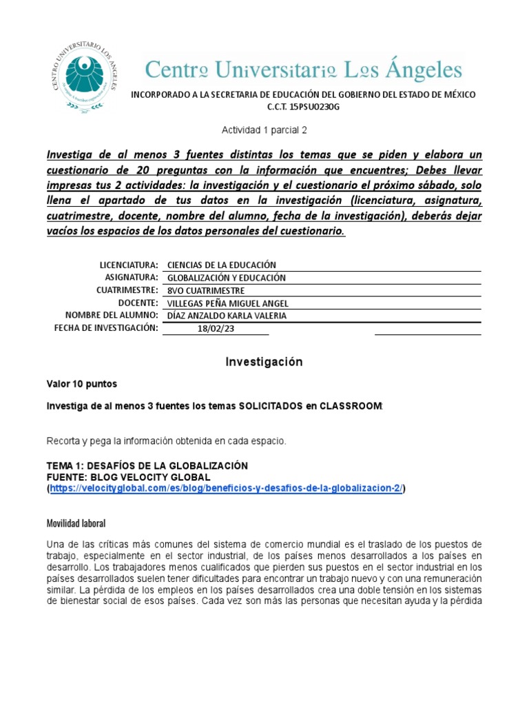 Formato Act 1 Parcial 2 Lic | PDF | Globalización | Aprendizaje