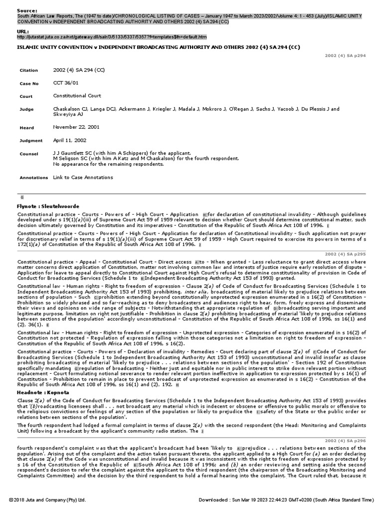 Islamic Unity Convention V Independent Broadcasting Authority and Others 2002 (4) Sa 294 (CC ...