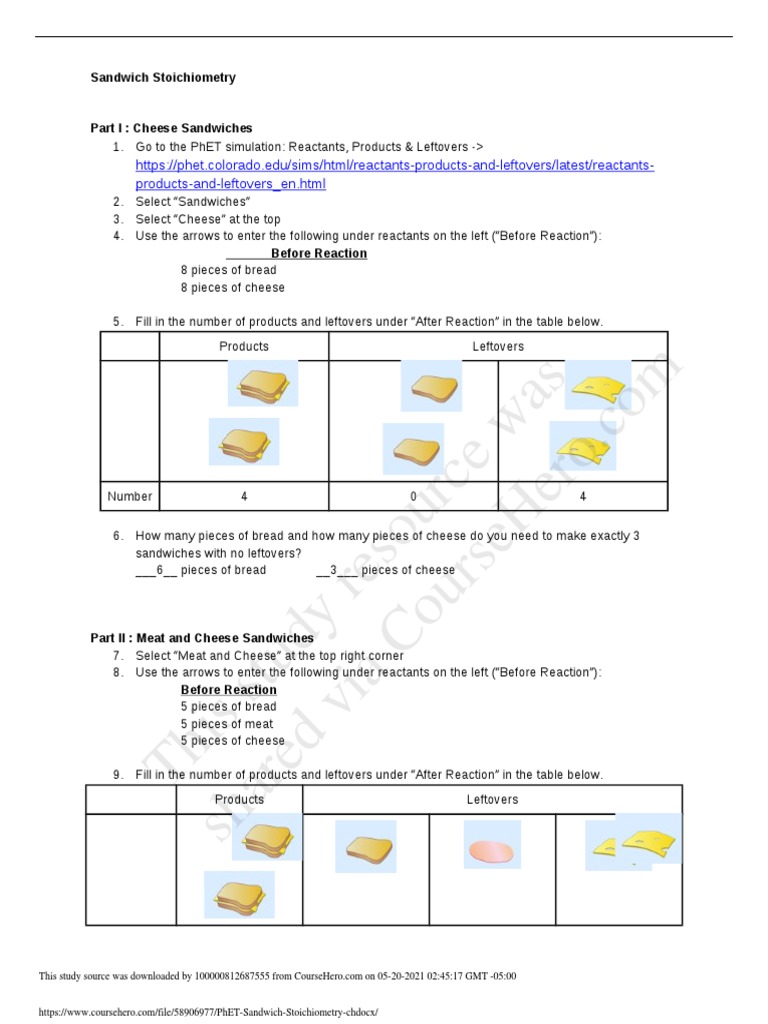 PhET Sandwich Stoichiometry CH | PDF | Methane | Chemical Reactions