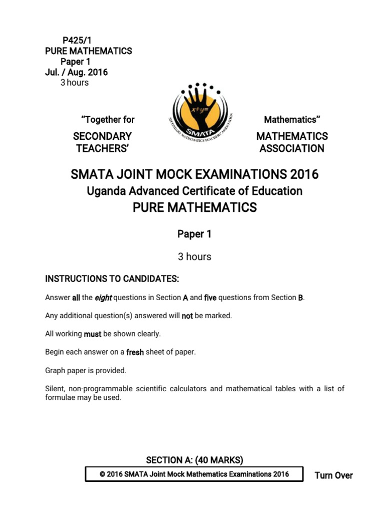 Smata Joint Mock S.6 Pure Maths 1 PDF | PDF