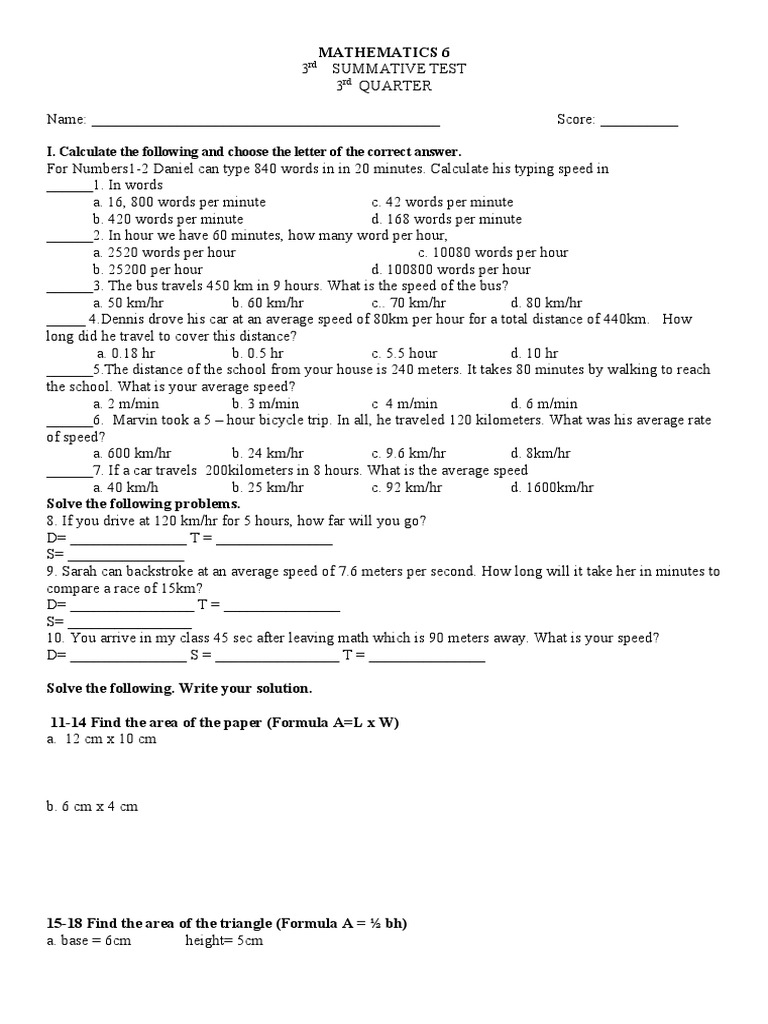 Math6 ST3 Q3 | PDF | Speed | Equations