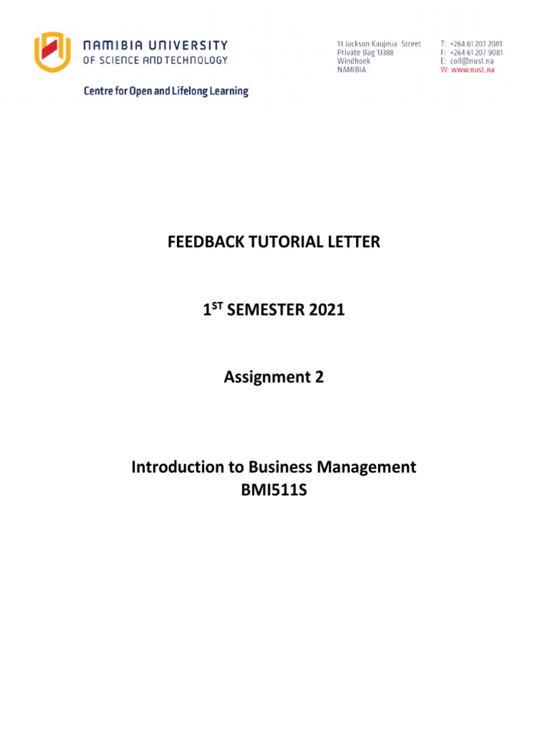 Introduction To Business Management (BMI511S) Assignment 2 Feedback Tutorial Letter - PDF | PDF ...
