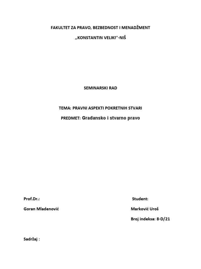 Gradjansko I Stvarno Seminarski | PDF