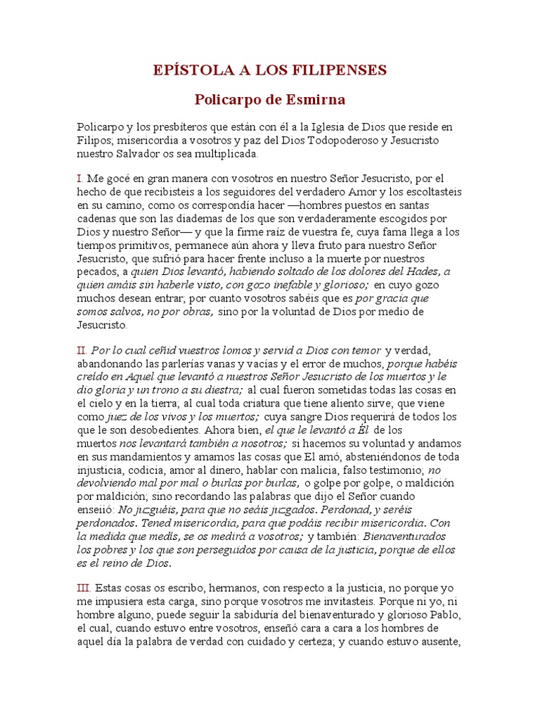 Una carta de Policarpo a la iglesia de Filipos exhortando a la piedad ...