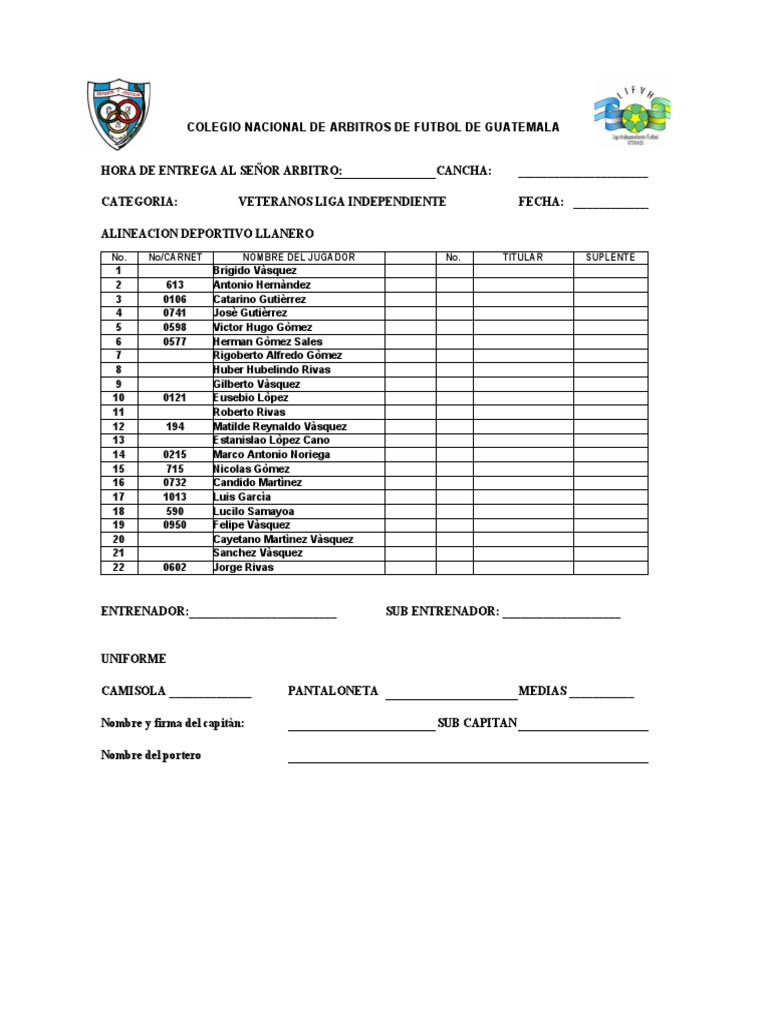 Formato Liga Independiente Futbol Vetaranos Huehuetenango -LIFVH- | PDF