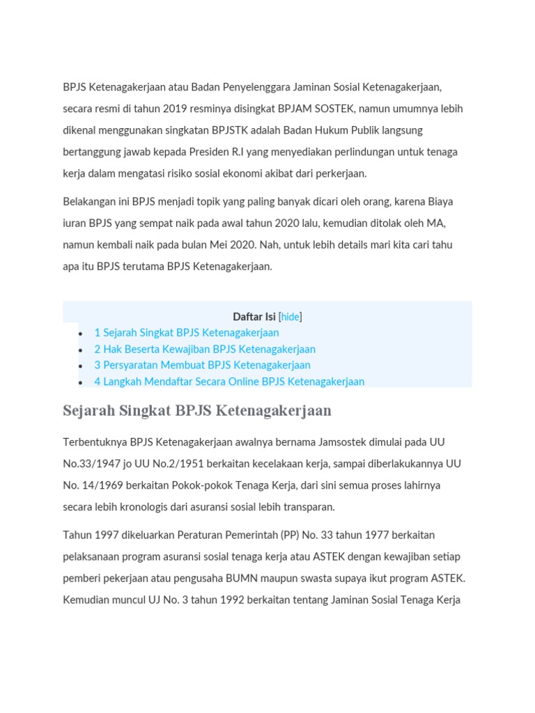 BPJS Ketenagakerjaan Atau Badan Penyelenggara Jaminan Sosial Ketenagakerjaan | PDF