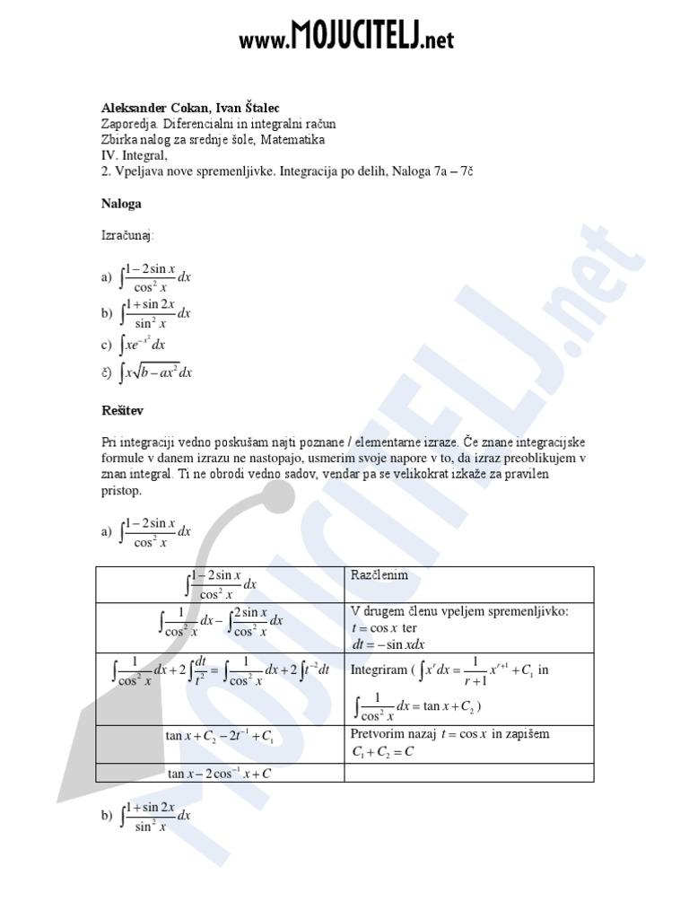 Integral (Iv) Vpeljava Nove Spremenljivke - Integracija Po Delih (2) Naloga7a-7cc | PDF