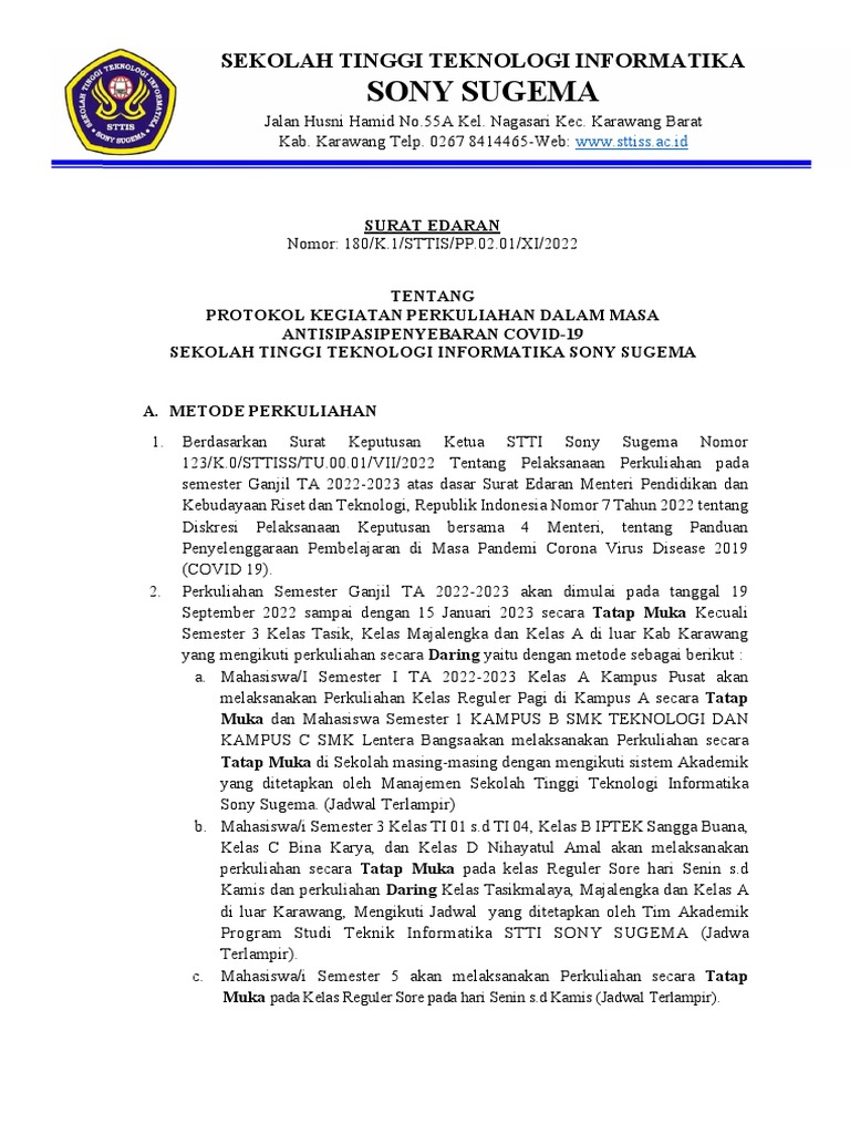 Perubahan Jadwal Perkuliahan Semester Ganjil Tahun Akademik 2022-2023 PDF | PDF