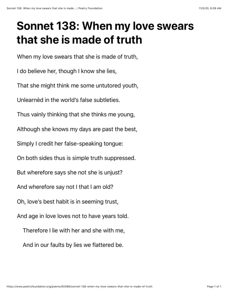 Shakespeare-Sonnet 138 When My Love Swears That She Is Made Poetry ...