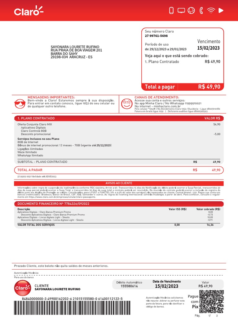 Fatura Claro com detalhes do plano e valor a pagar | PDF | Brasil ...
