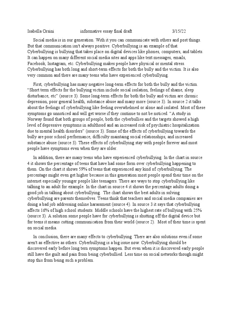 Cyberbullying Essay Final Draft | PDF | Cyberbullying | Bullying