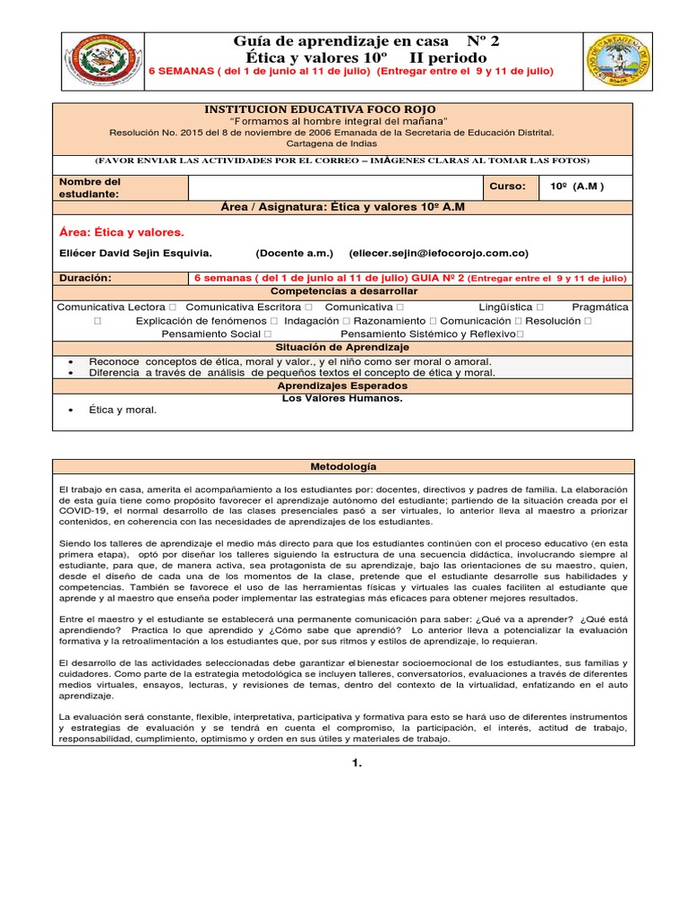 GUIA No 2 DE ETICA Y VALORES GRADO 10o01 A.M II PERIODO 2021 | Descargar gratis PDF | Moralidad ...