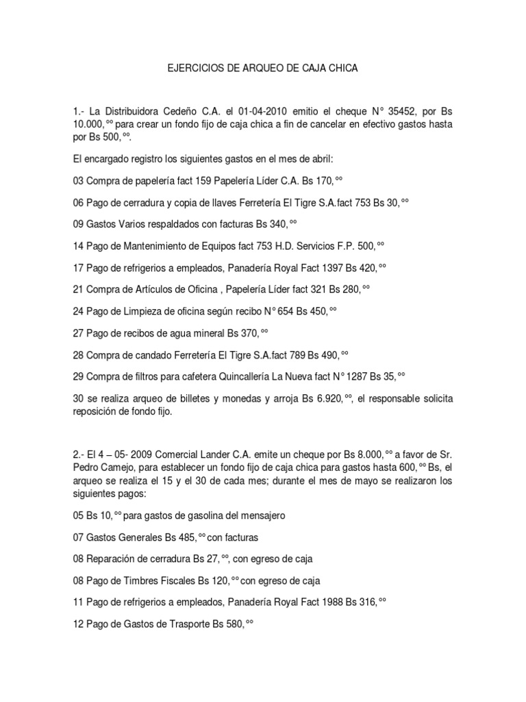 Ejercicios de Arqueo de Caja Chica | PDF