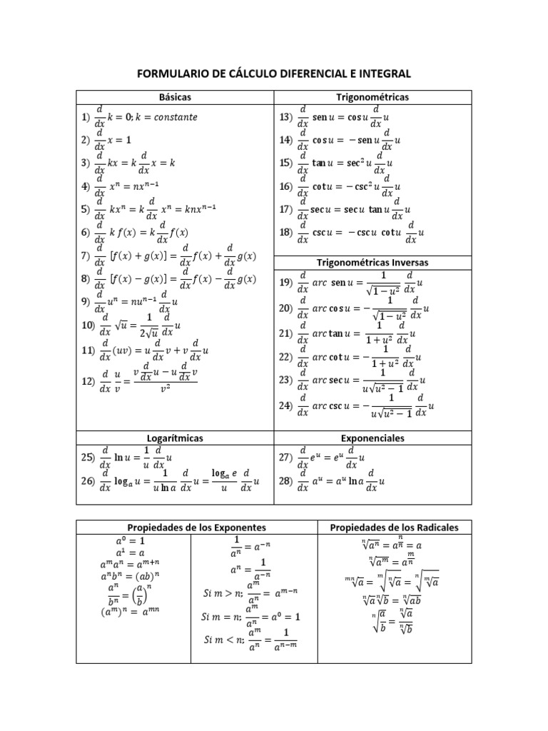 Formulario de Cálculo Diferencial e Integral PDF | PDF | Integral | Logaritmo