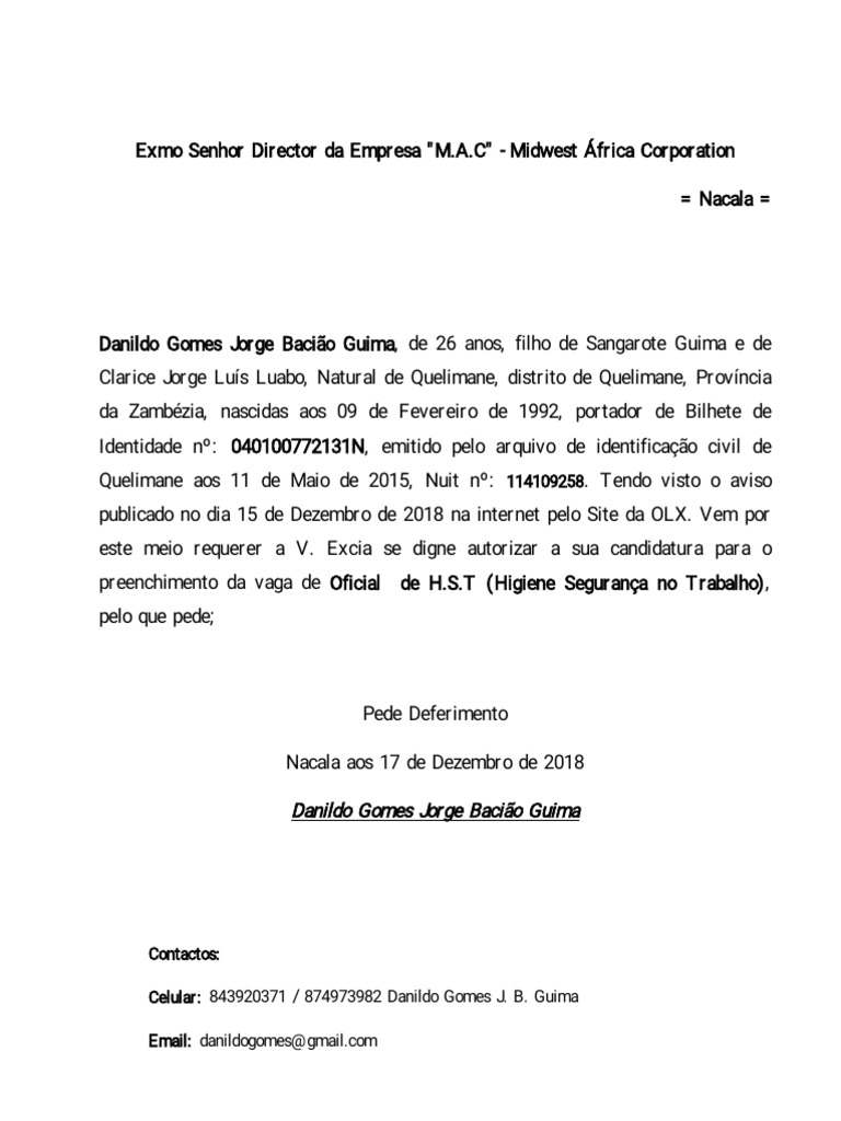 Exmo Senhor Director Da Empresa MAC PDF | PDF