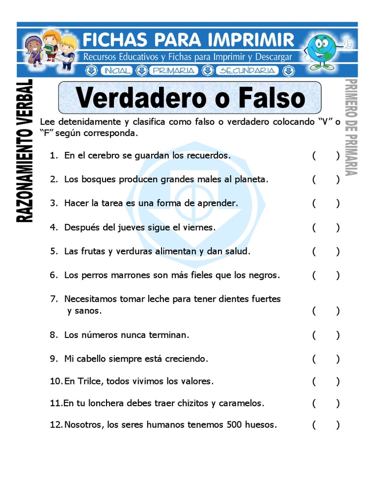 Ficha De Verdadero O Falso Para Primero De Primaria 1 Pdf