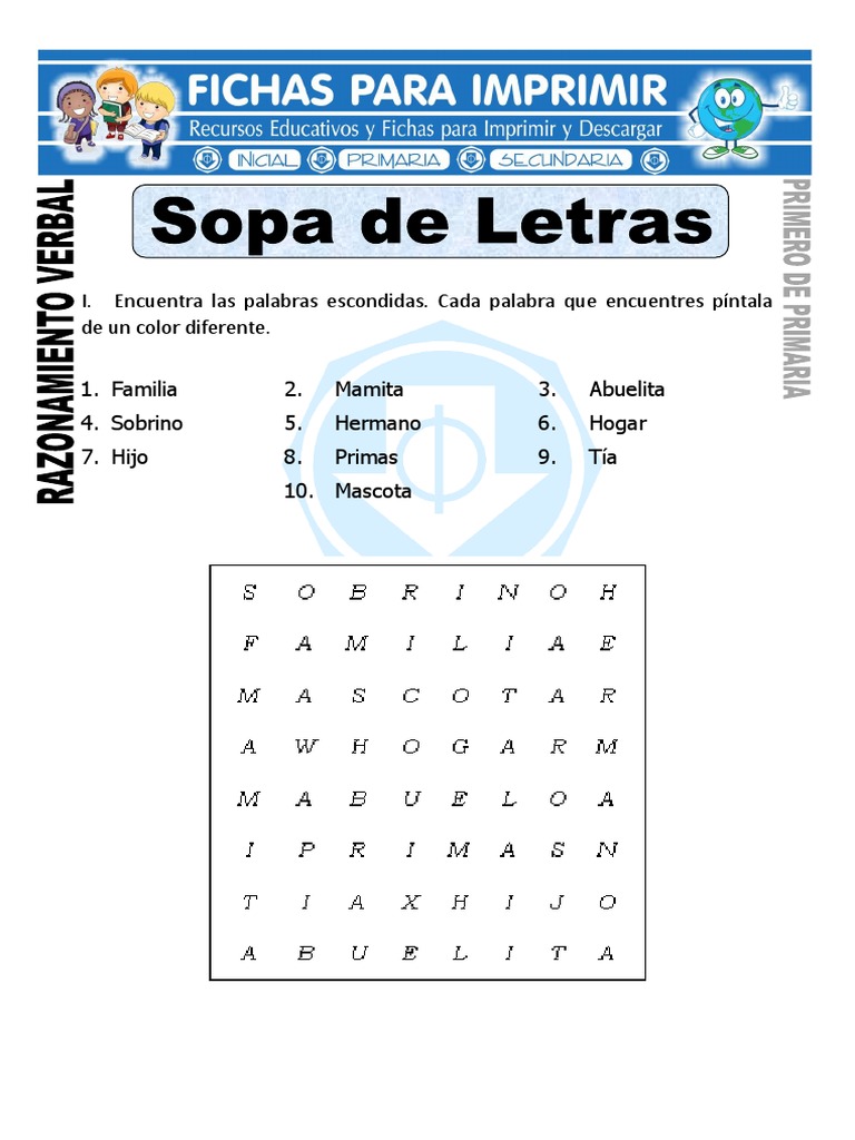 Ficha de Sopa de Letras para Primero de Primaria | PDF