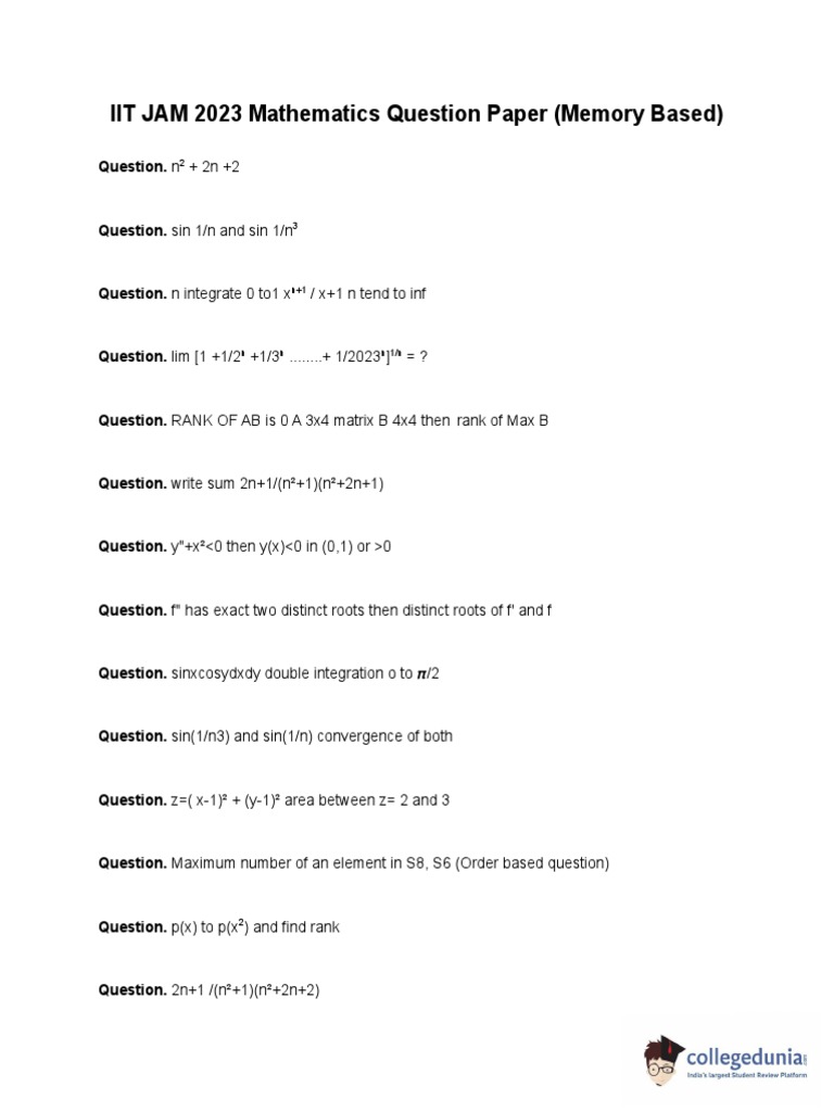 IIT JAM 2023 Mathematics Question Paper Memory Based | PDF