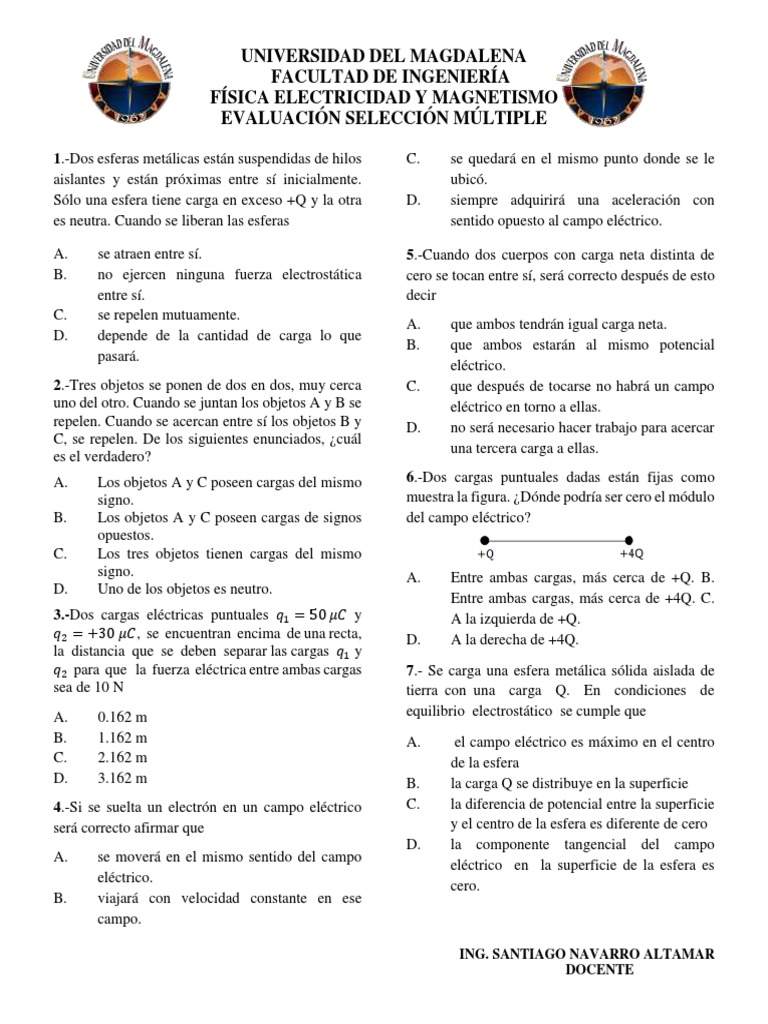 Evaluación de Física Electrostática: Preguntas de Selección Múltiple ... Evaluación de Física Electrostática: Preguntas de Selección Múltiple ...