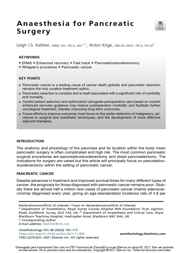 Anaesthesia For Pancreatic Surgery | PDF | Pancreatic Cancer | Surgery