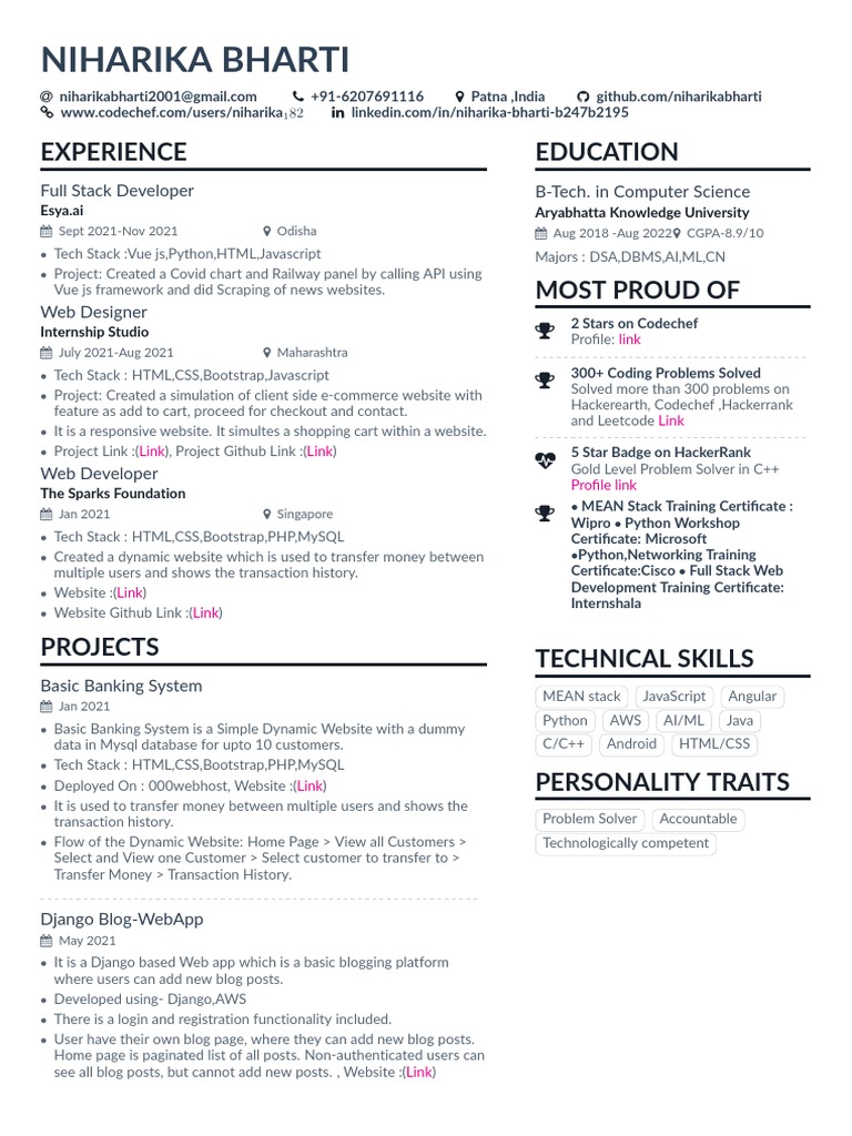 Niharika Bharti Resume Pdf Pdf Websites World Wide Web