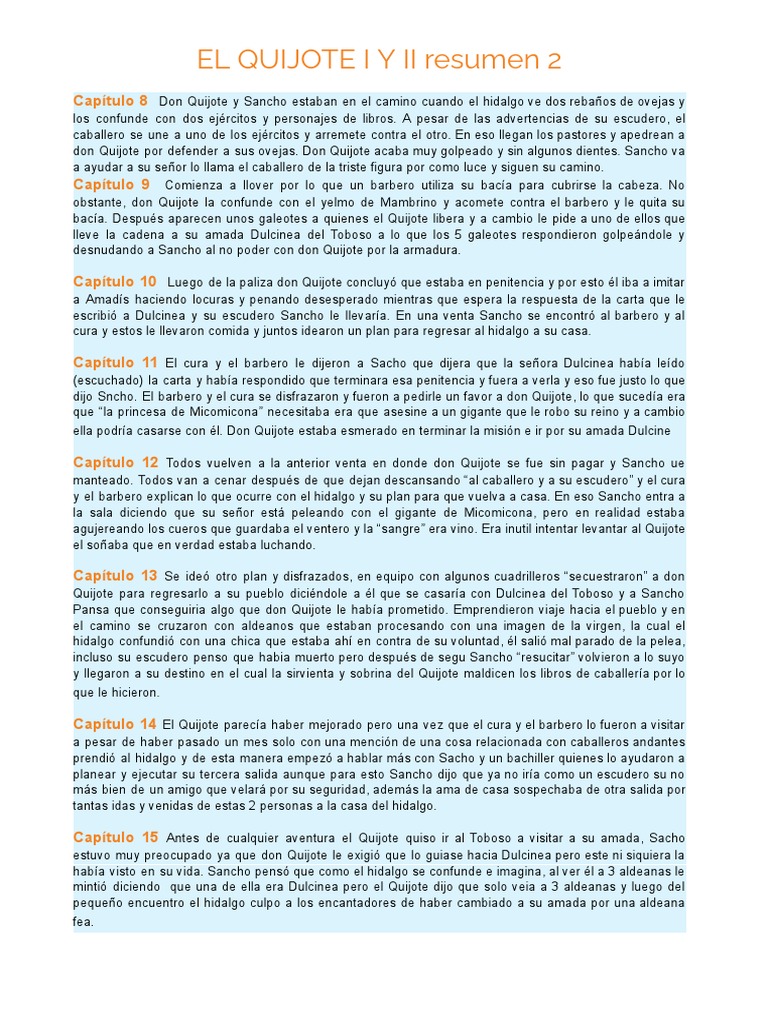 Un resumen de los primeros capítulos de El Quijote que muestran las ...