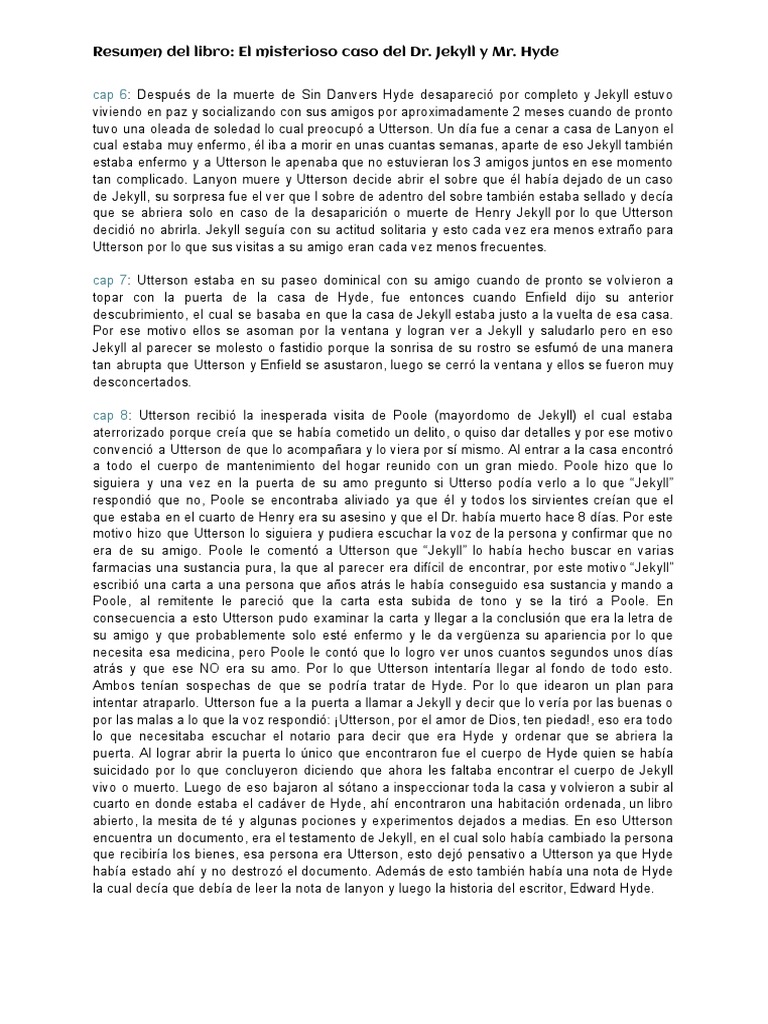 Resumen Del Libro: El Misterioso Caso Del DR Jeckyll y MR Hyde 2 | PDF ...