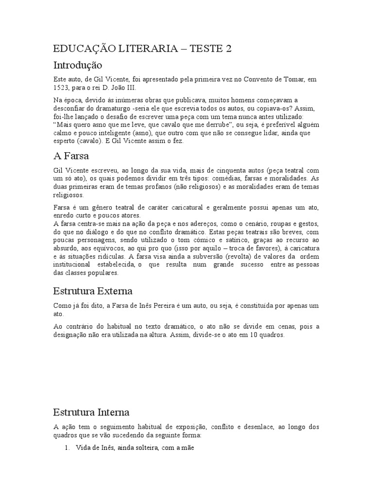 Análise da estrutura e personagens da farsa "A Farsa de Inês Pereira ...