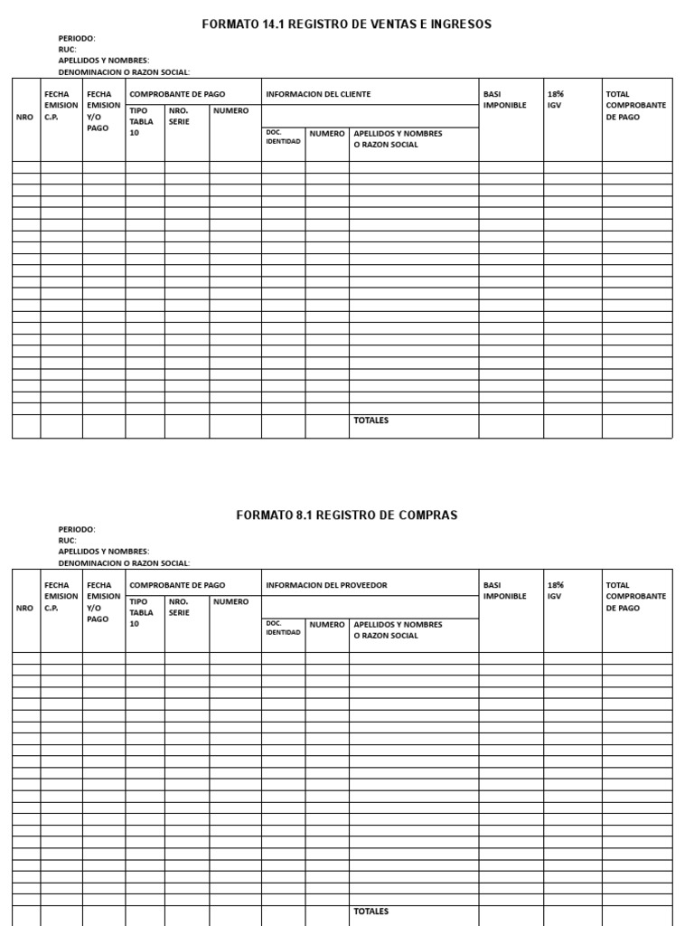 FORMATOS DE REGISTRO DE COMPRAS Y DE VENTAS | PDF