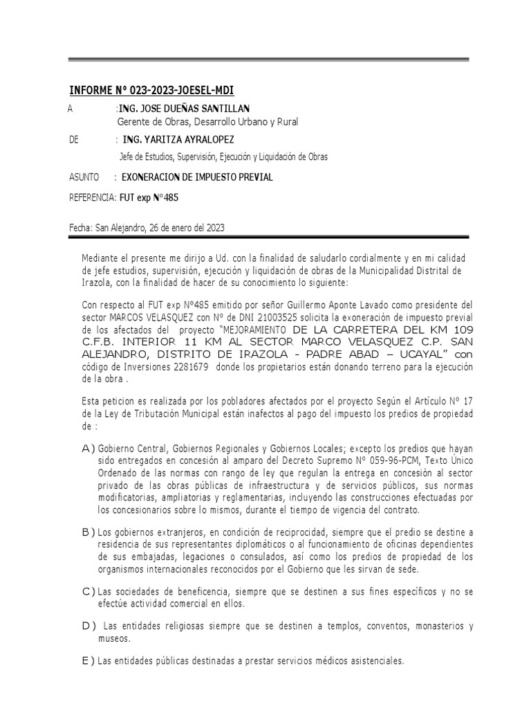 Informe N°023 - Exoneracion de Arbitrios | PDF