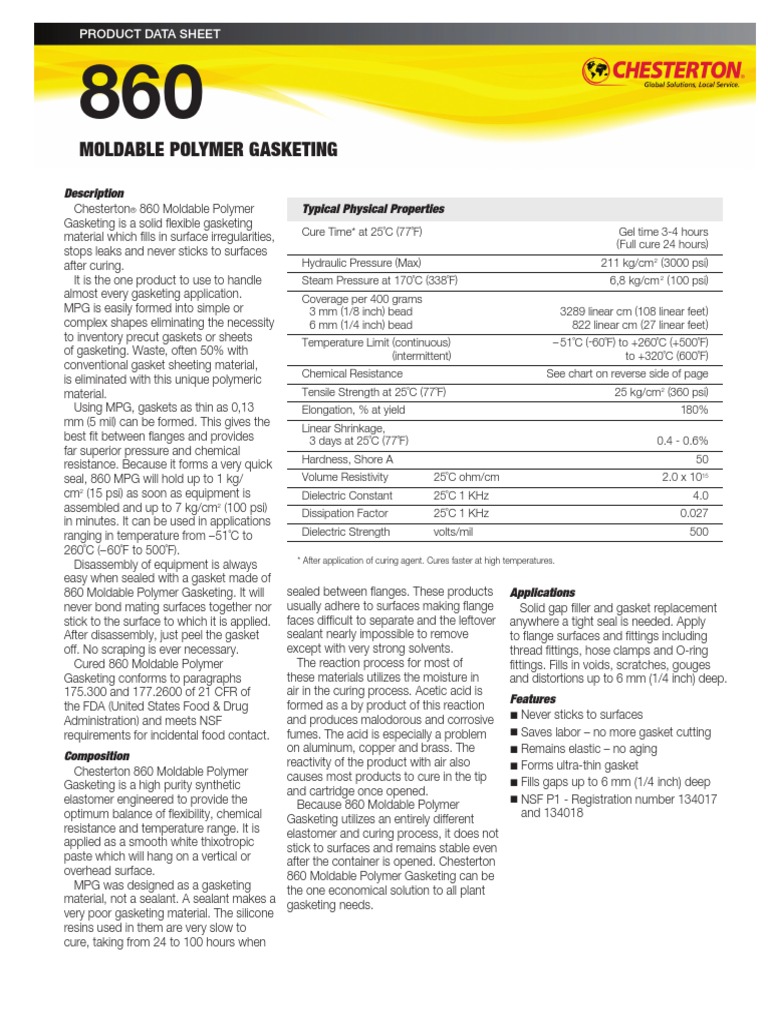 Chesterton 860 Moldable Polymer Gasketing Datasheet PDF | PDF | Applied ...